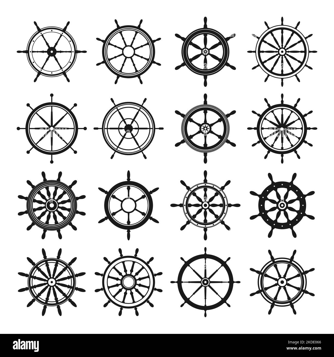 Collection of vintage steering wheels. Ship, yacht retro wheel symbol ...