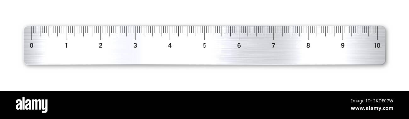 Realistic brushed metal ruler with measurement scale and divisions ...