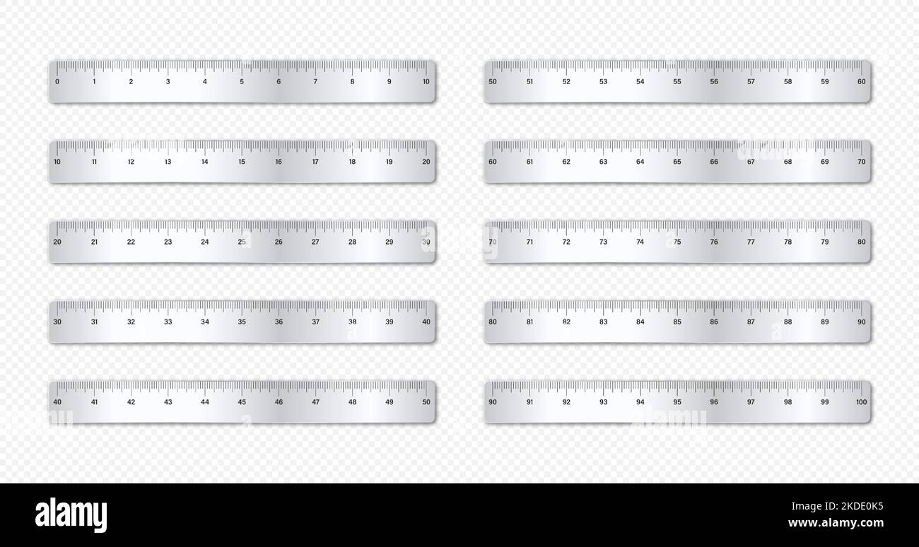 Realistic various shiny metal rulers with measurement scale and ...