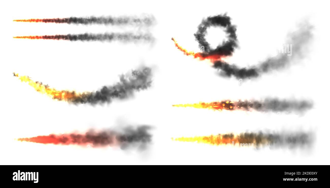 Realistic black smoke with fire, space rocket launch trails. Fire burst ...