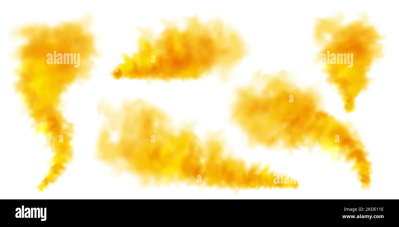 Yellow colorful smoke clouds isolated on white background, realistic ...