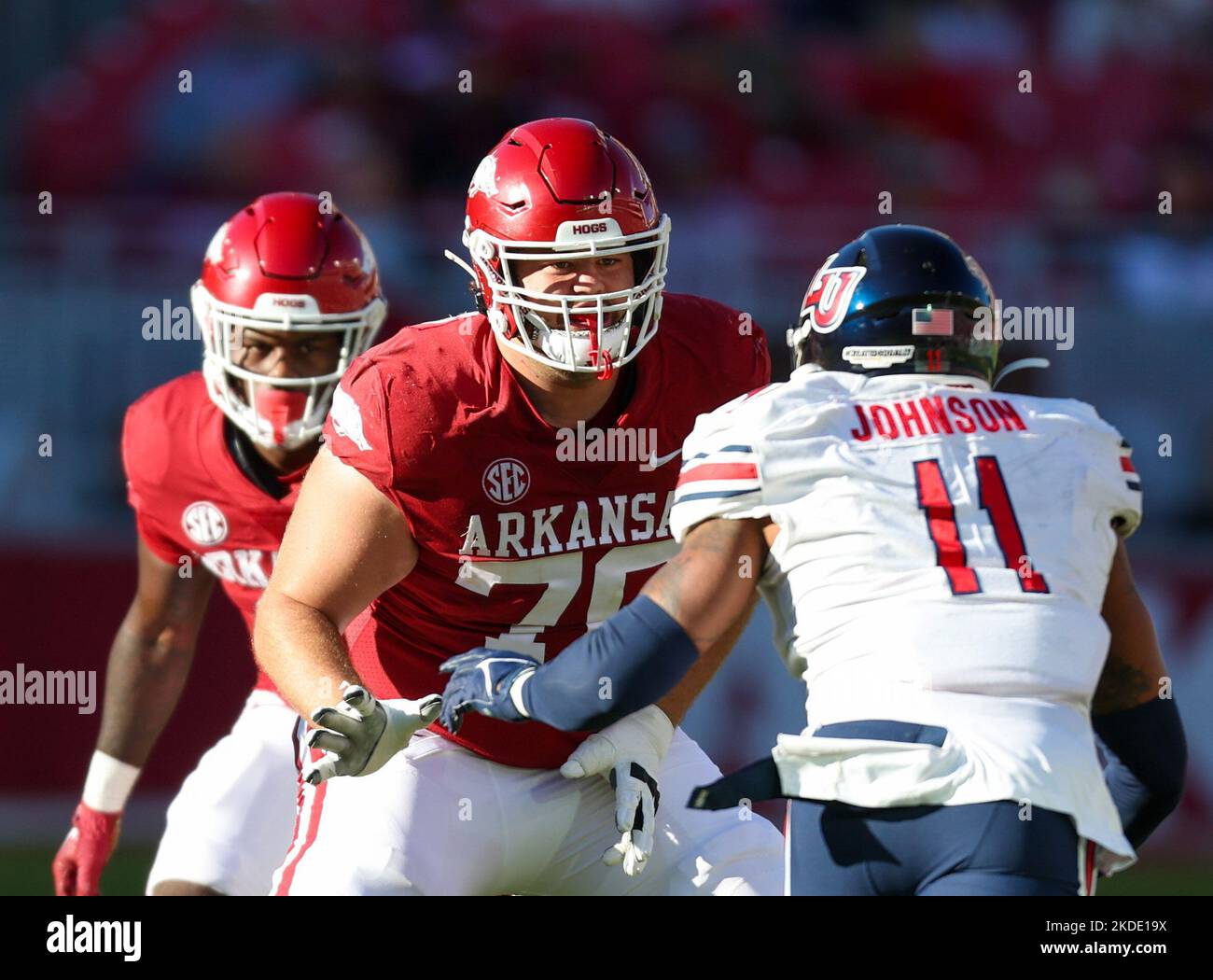 November 5, 2022: Razorback offensive lineman Luke Jones #70 eyes the ...