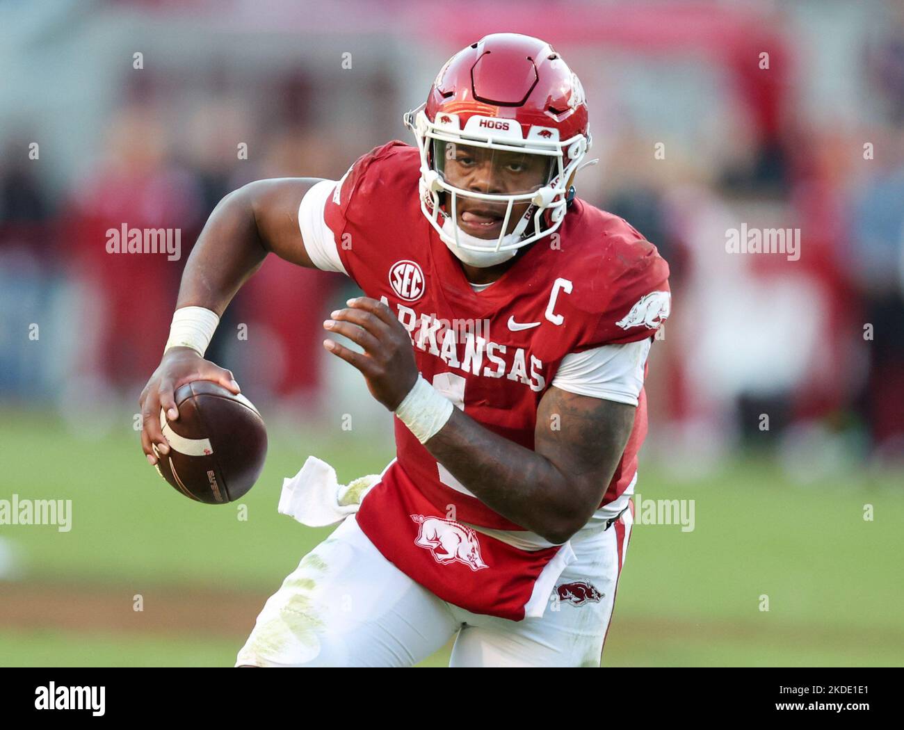 November 5, 2022: KJ Jefferson #1 Arkansas QB scrambles up the field ...