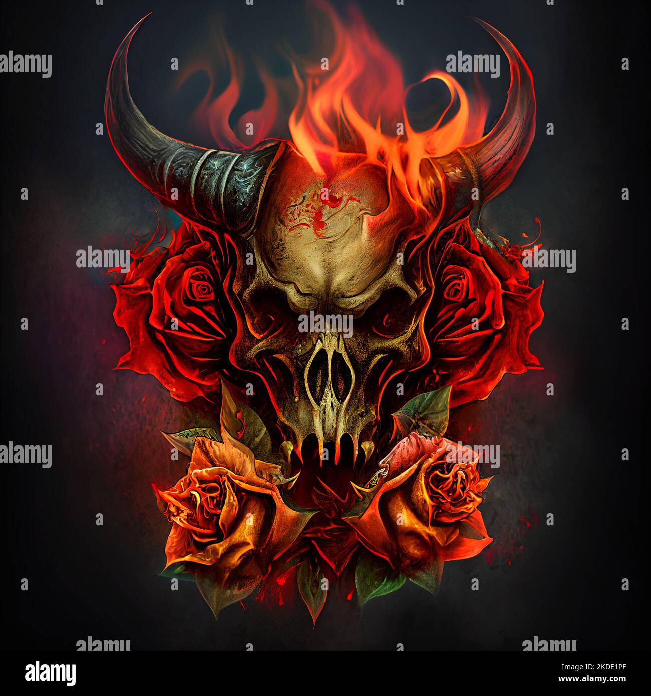 Demon skull with flame and roses Stock Photo - Alamy