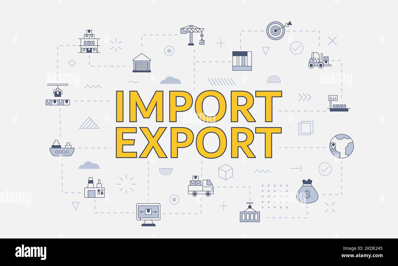 import and export concept with icon set with big word or text on center ...
