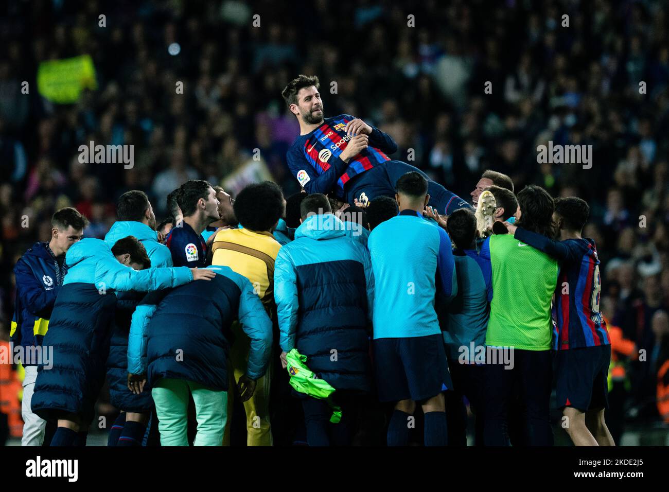 Barcelona, Spain. 5th Nov, 2022. Gerard Pique (top) of Barcelona is ...