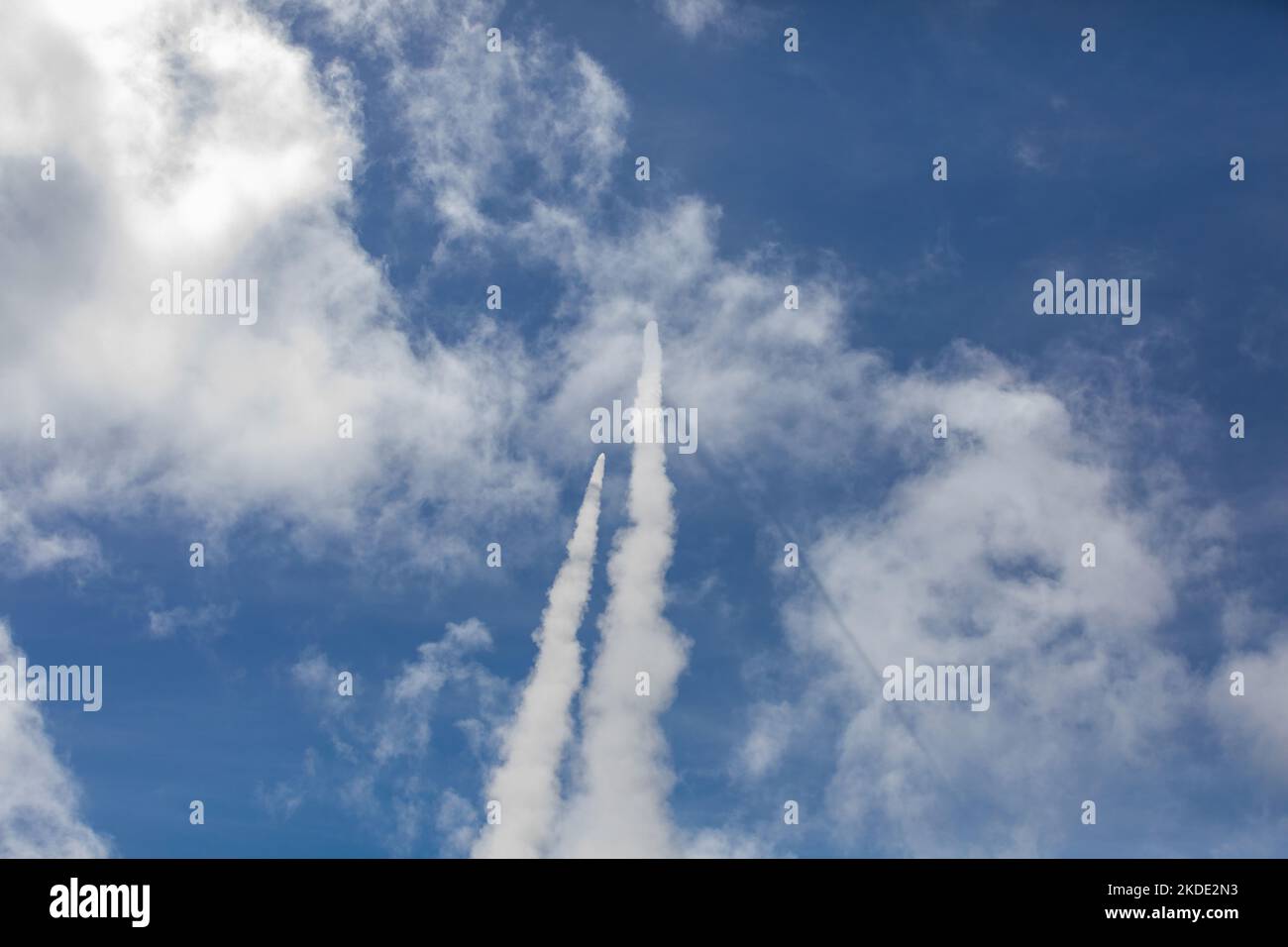 Two PAC-2 Patriot interceptor missiles are launched at a Kratos Defense ...