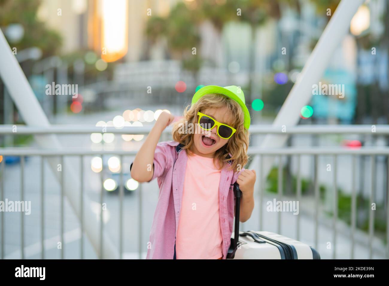 Excited tourist. Kids travel and journey weekend trip. Excited traveler ...