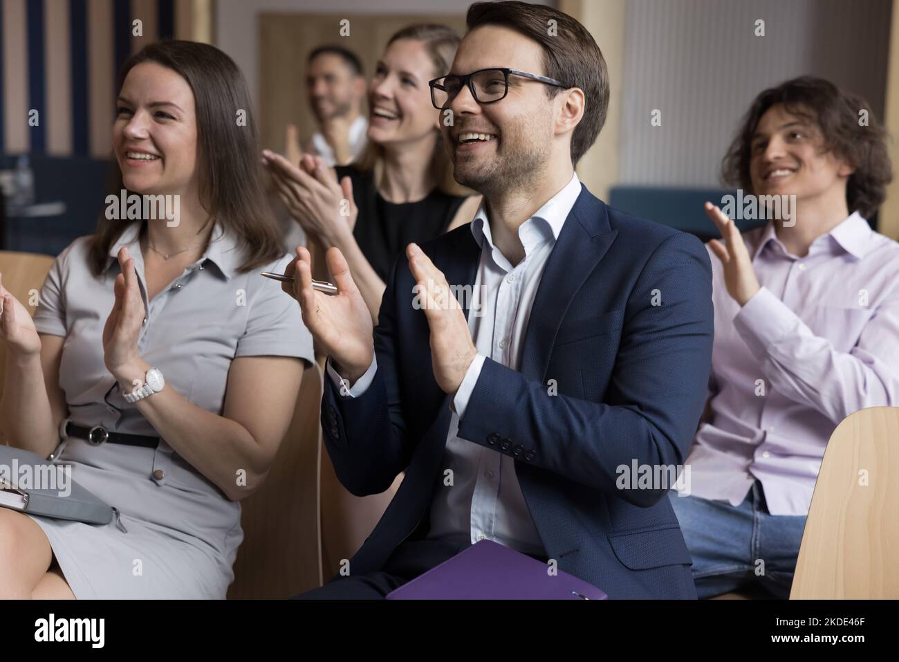 Happy audience applauding thanking for workshop or training Stock Photo ...