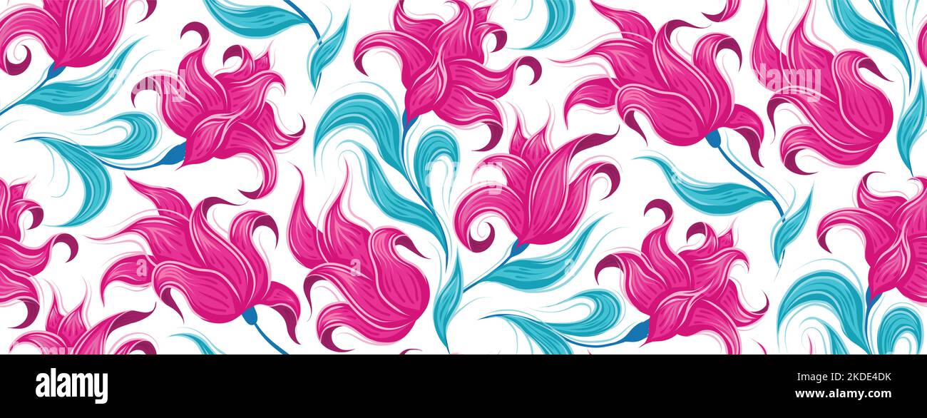 Vector neon pattern with fabulous curled pink flowers. Fairy tale ...