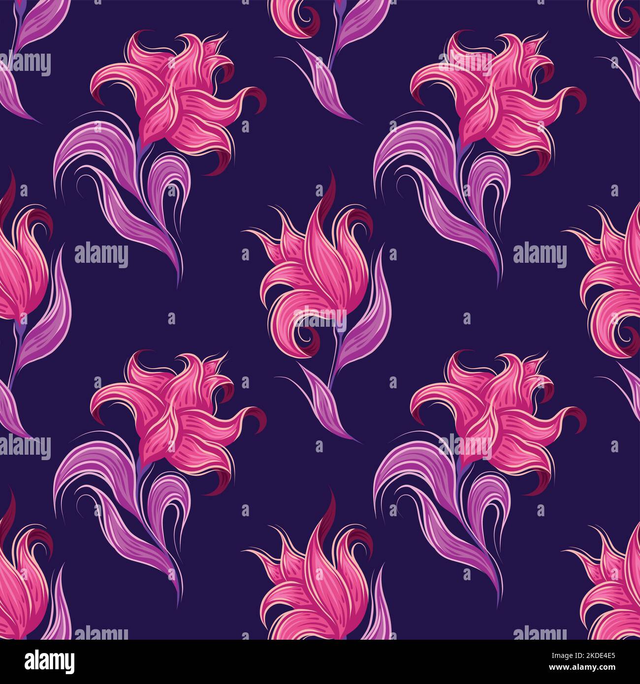Vector pattern with fabulous sketch pink flowers, foliage and stems in ...