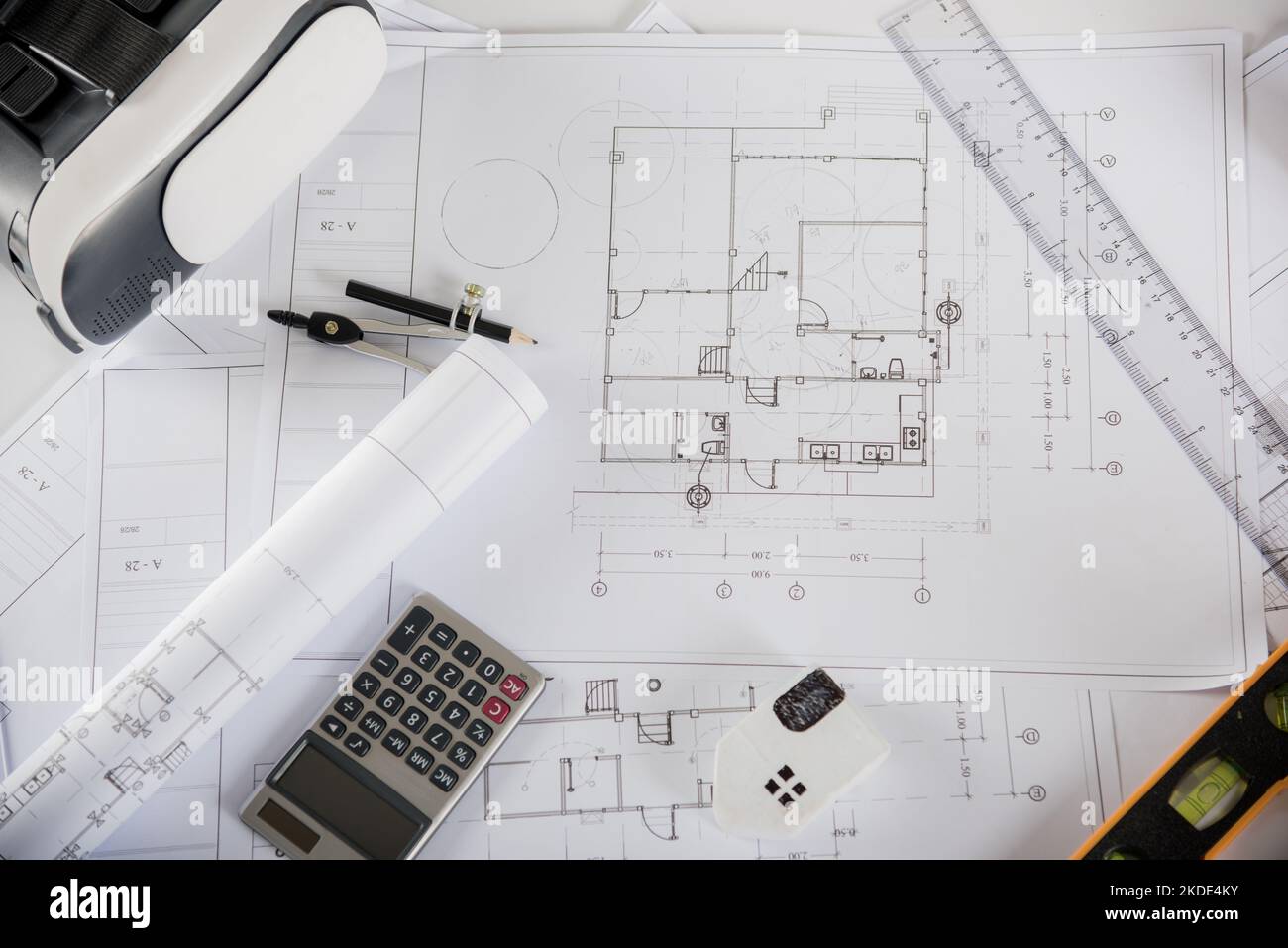 Architect workplace top view. Architectural blueprint paper project ...