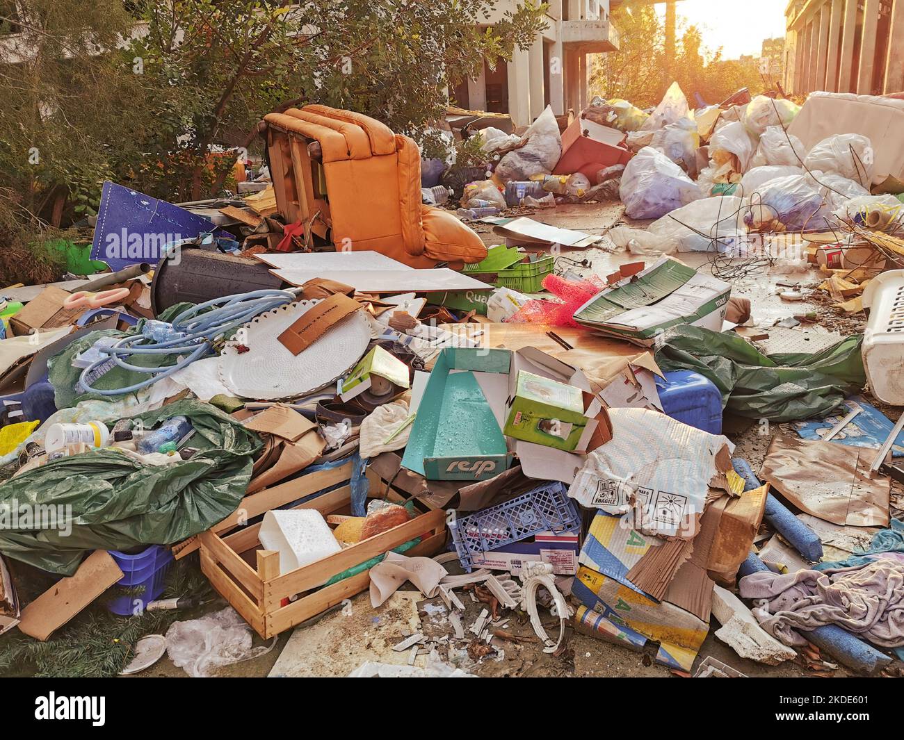 Limassol, Cyprus, January 20 2020: Home and industrial trash outdoors ...