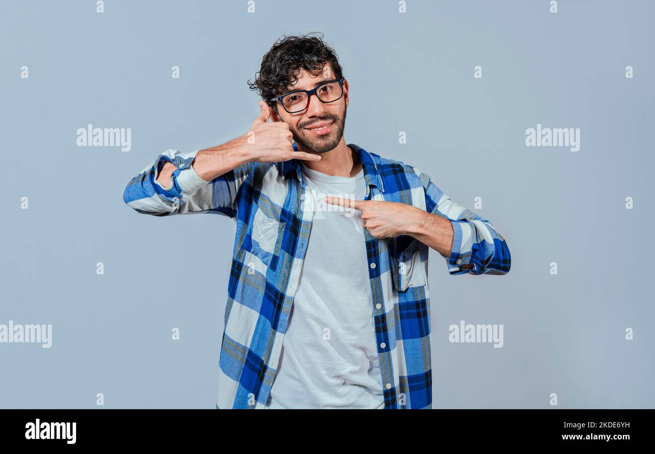 Interpreter man gesturing CALL ME in sign language. Person gesturing ...