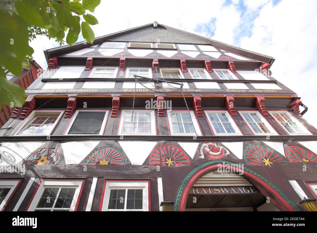 Facade with wood carving and decorations of the half-timbered house ...