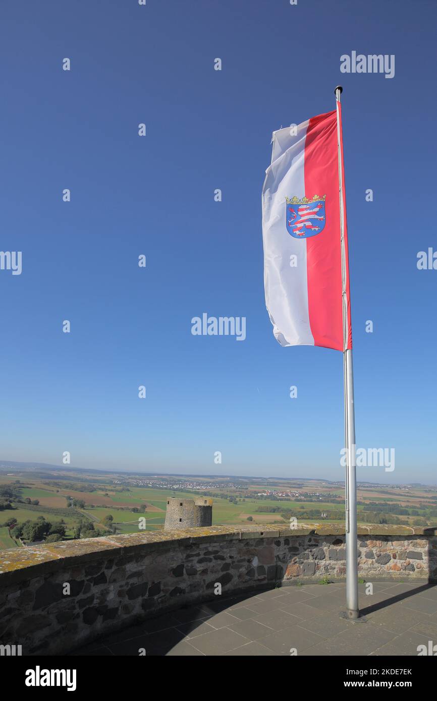 Hessian state flag at Muenzenberg Castle, Wetterau, Hesse, Germany ...