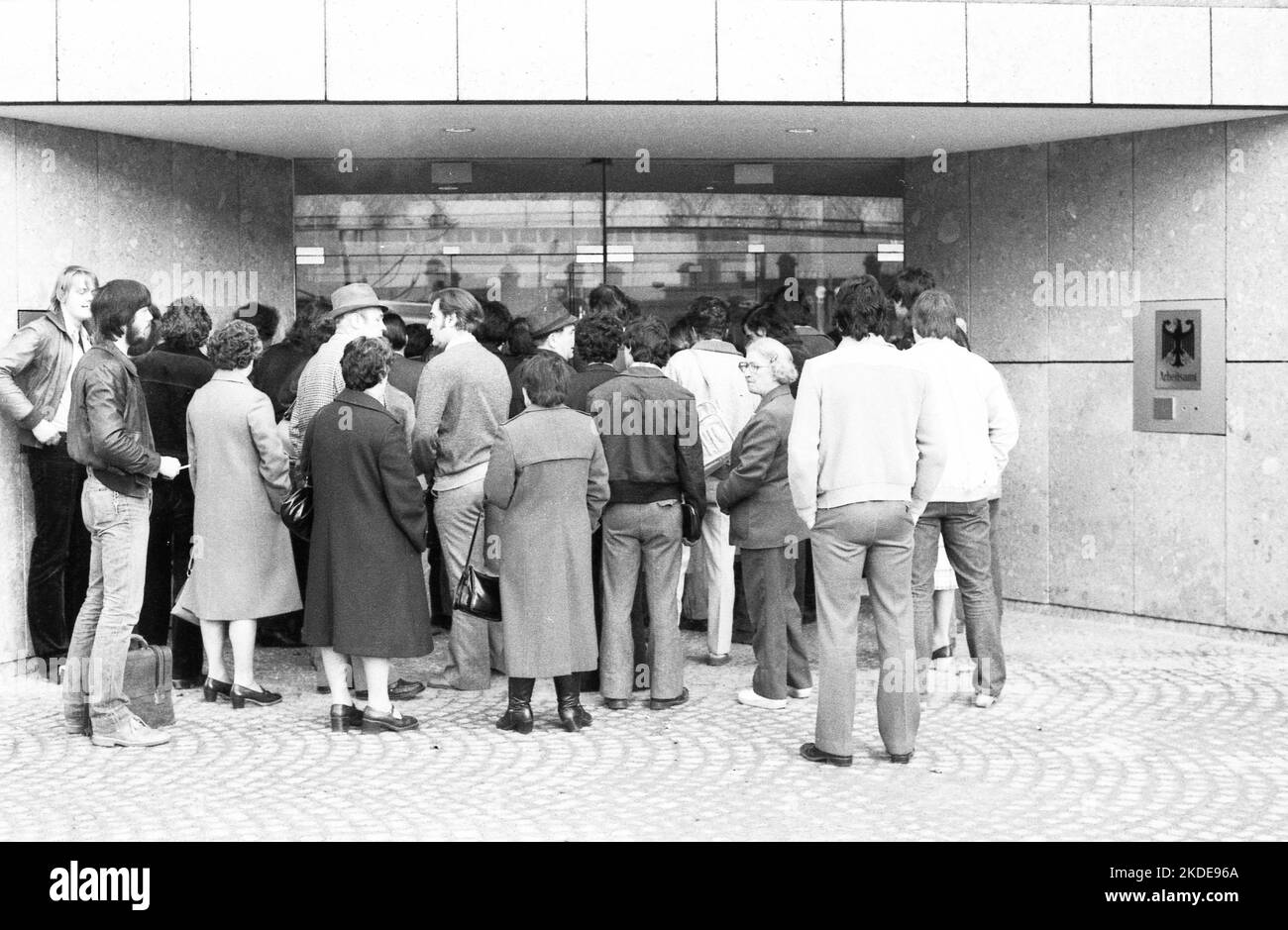 Crowd of unemployed at the Labour Office in 1982 on a morning, Germany ...