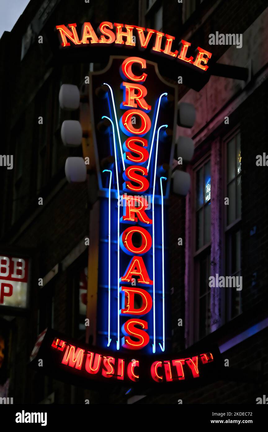 Crossroads neon sign on Broadway, Nashville, Tennessee, United States ...