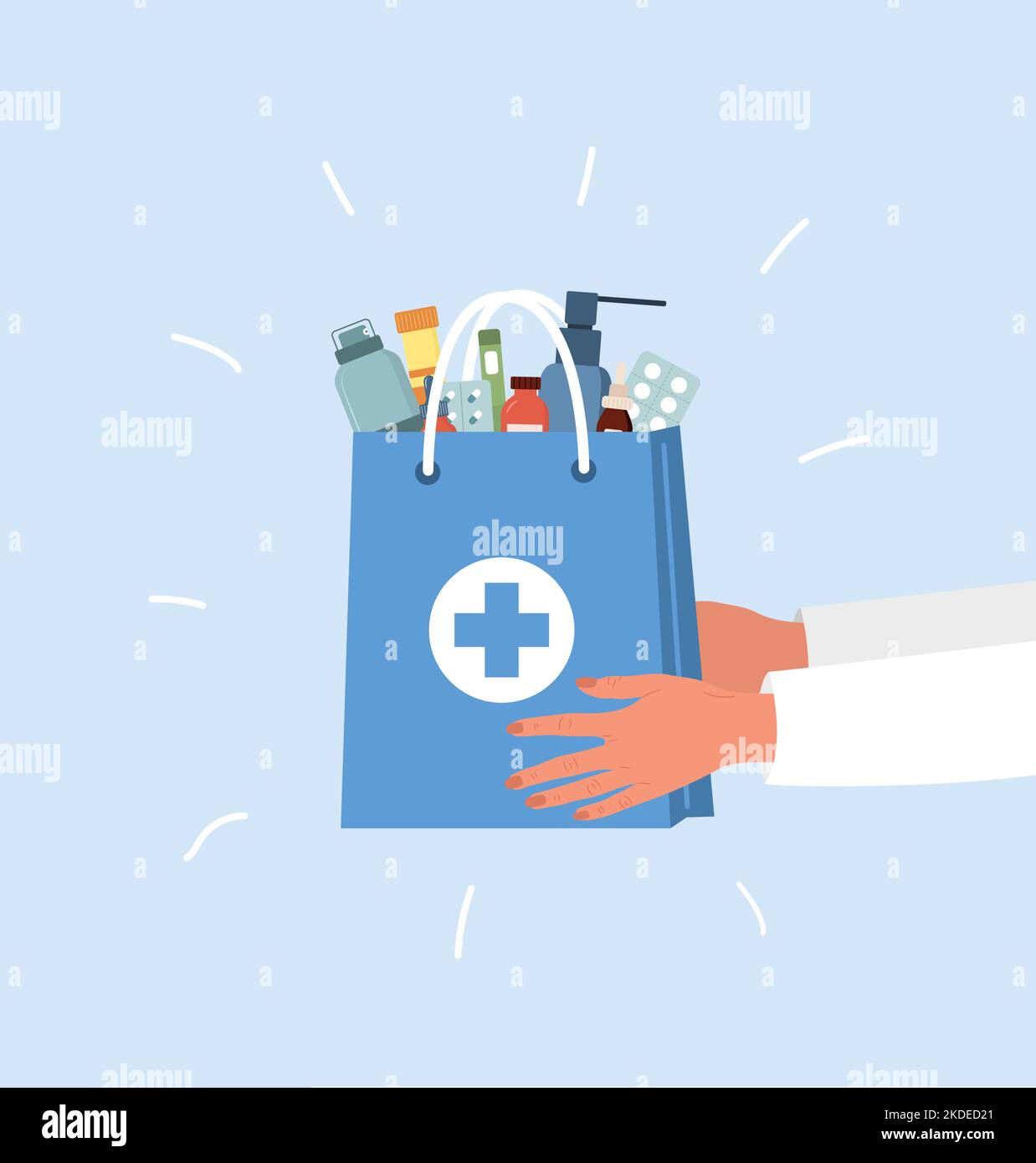 Delivery pharmacy service. Human hand holding paper bag with drugs and ...