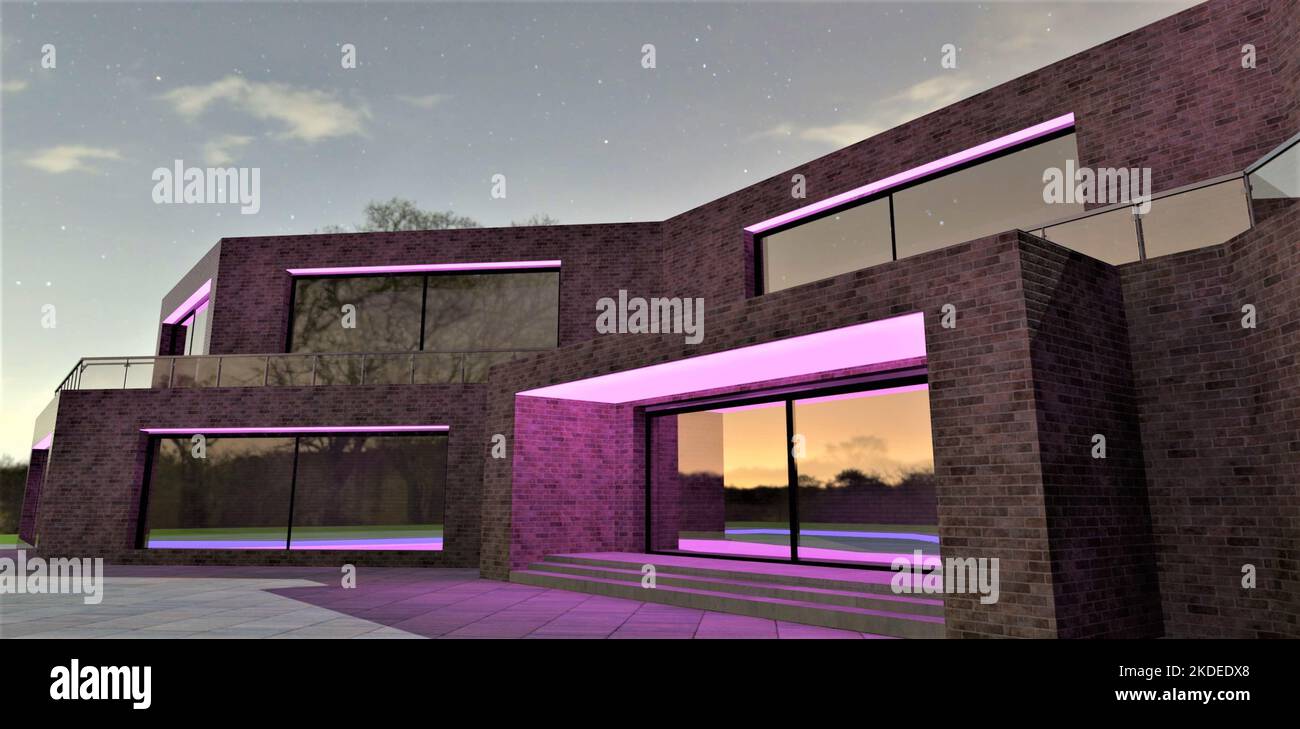 Pink illumination of the porch of a modern suburban building in the ...