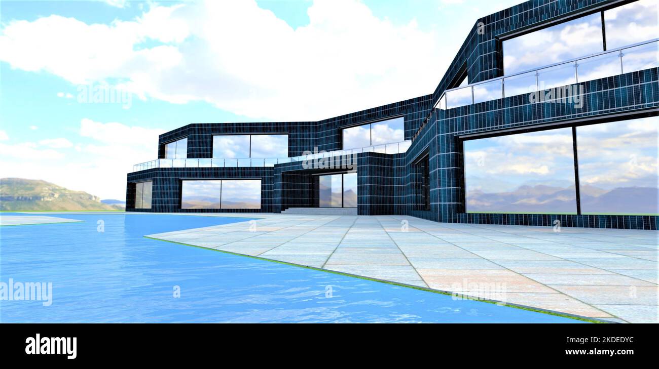 Side view of a suburban futuristic estate with a large swimming pool on ...