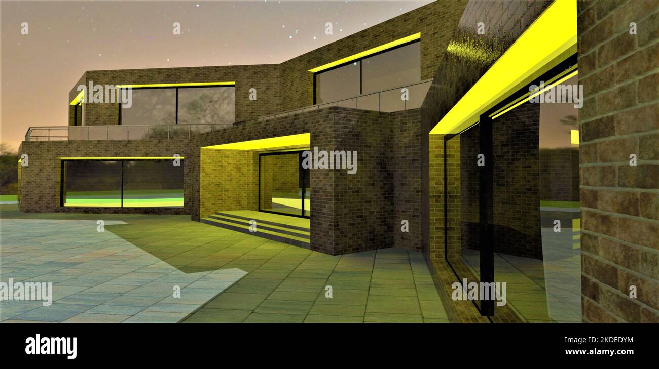 Yellow evening illumination of the facade of a private office building ...