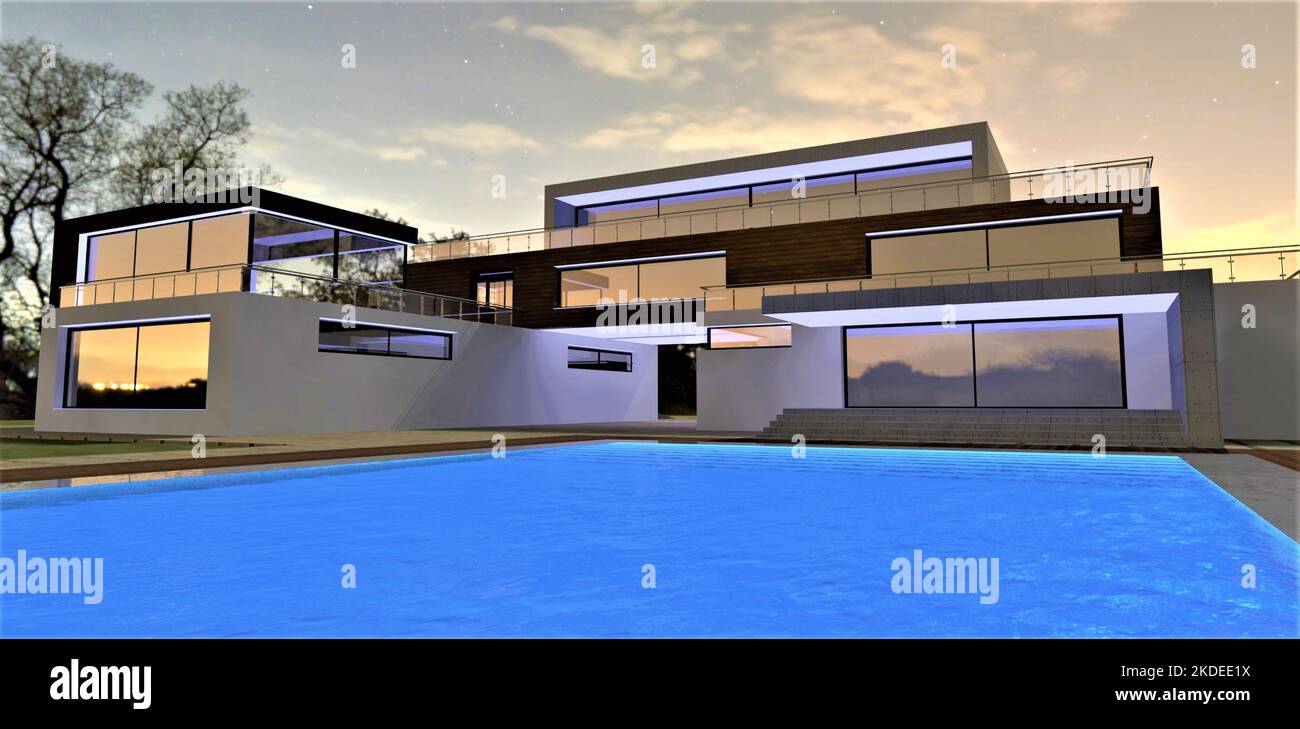 Early morning in a modern private estate with a large swimming pool in ...