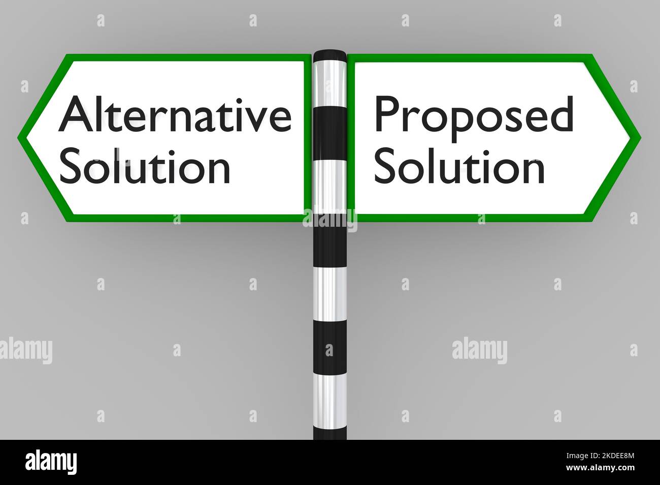 3D illustration of two opposite road signs: Proposed Solution and ...