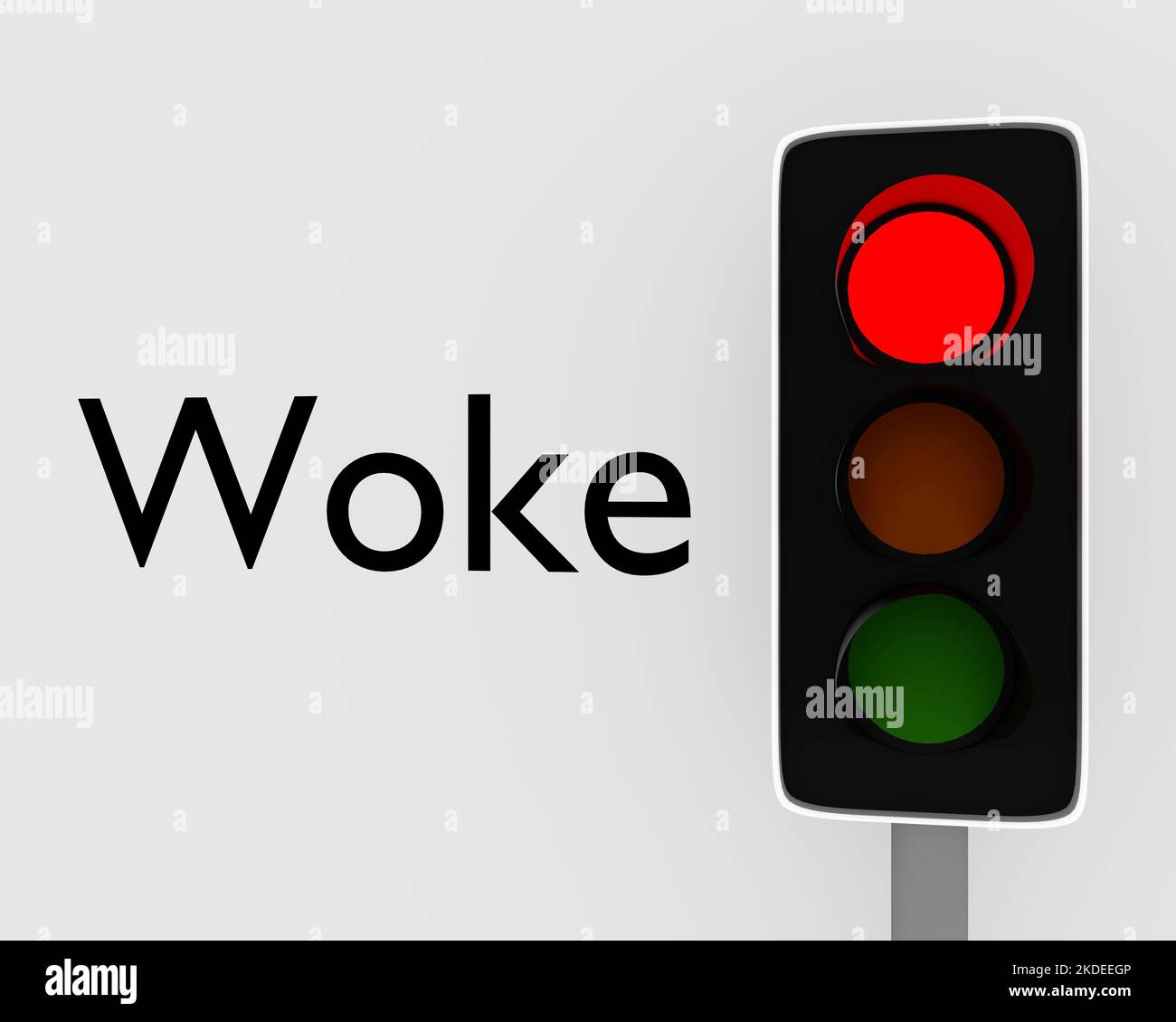 3D illustration of red traffic light along with the text Woke, isolated ...
