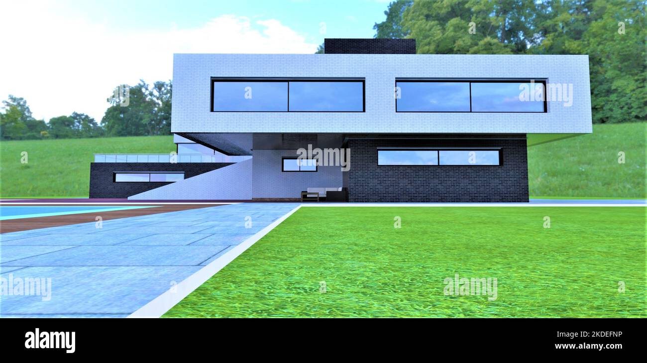 A high-tech black and white brick house built in a park area of an ...