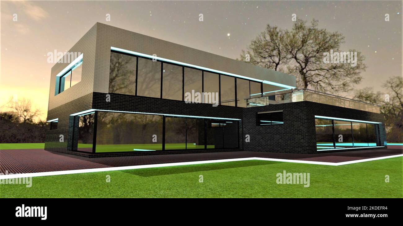 Evening illumination of the exterior of a suburban advanced building ...