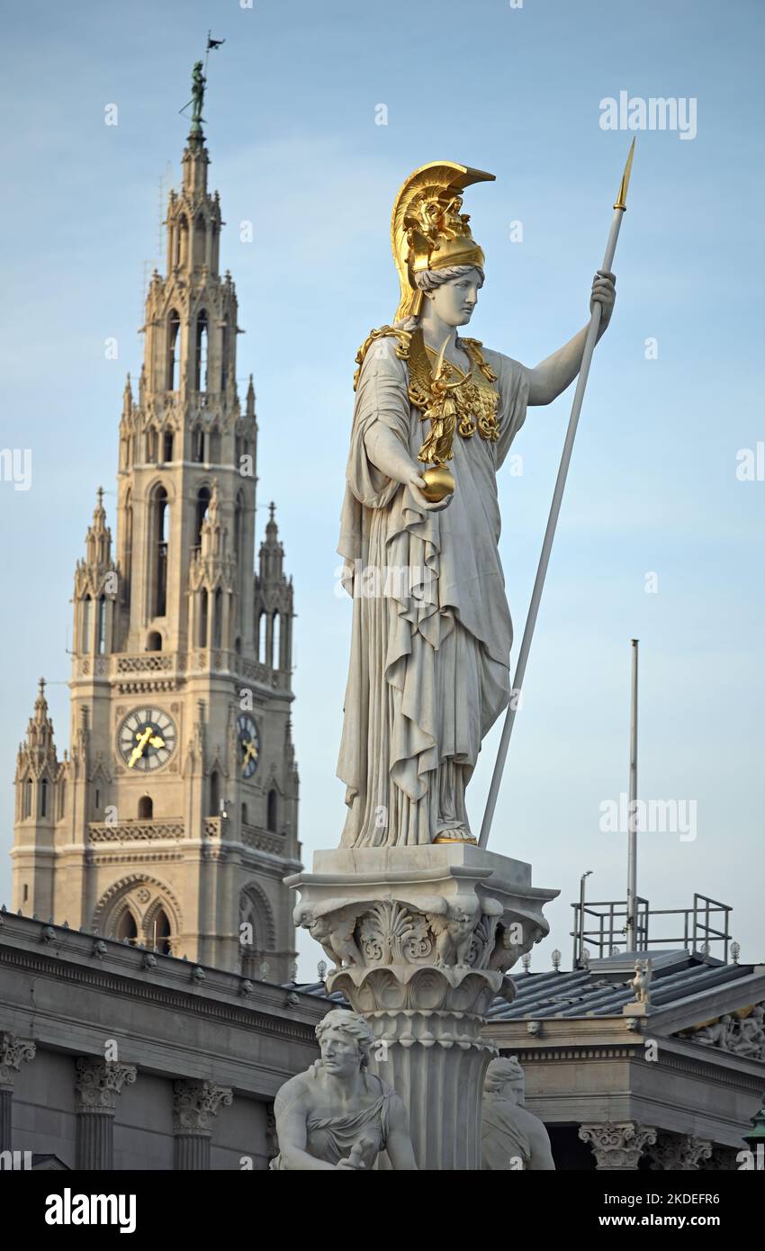 Pallas Athena statue Austrian Parliament and Rathaus tower in Vienna ...