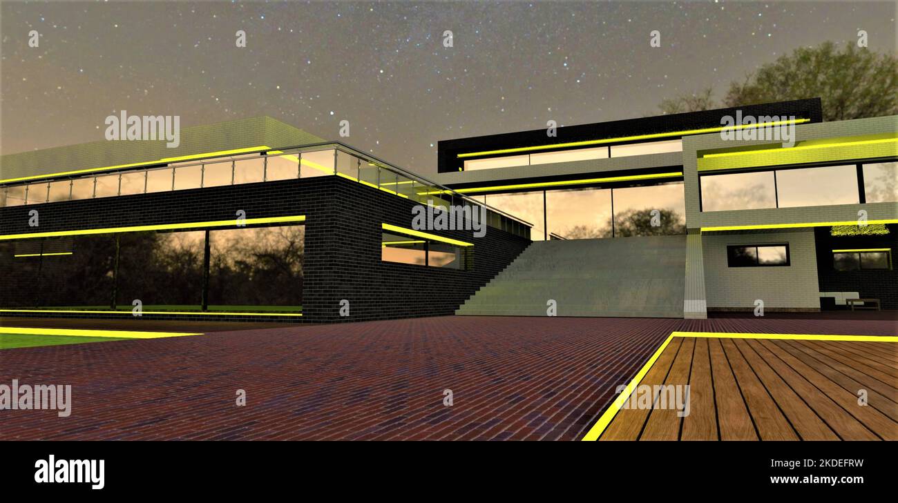 Night lighting of the facade of a futuristic elite cottage with a ...