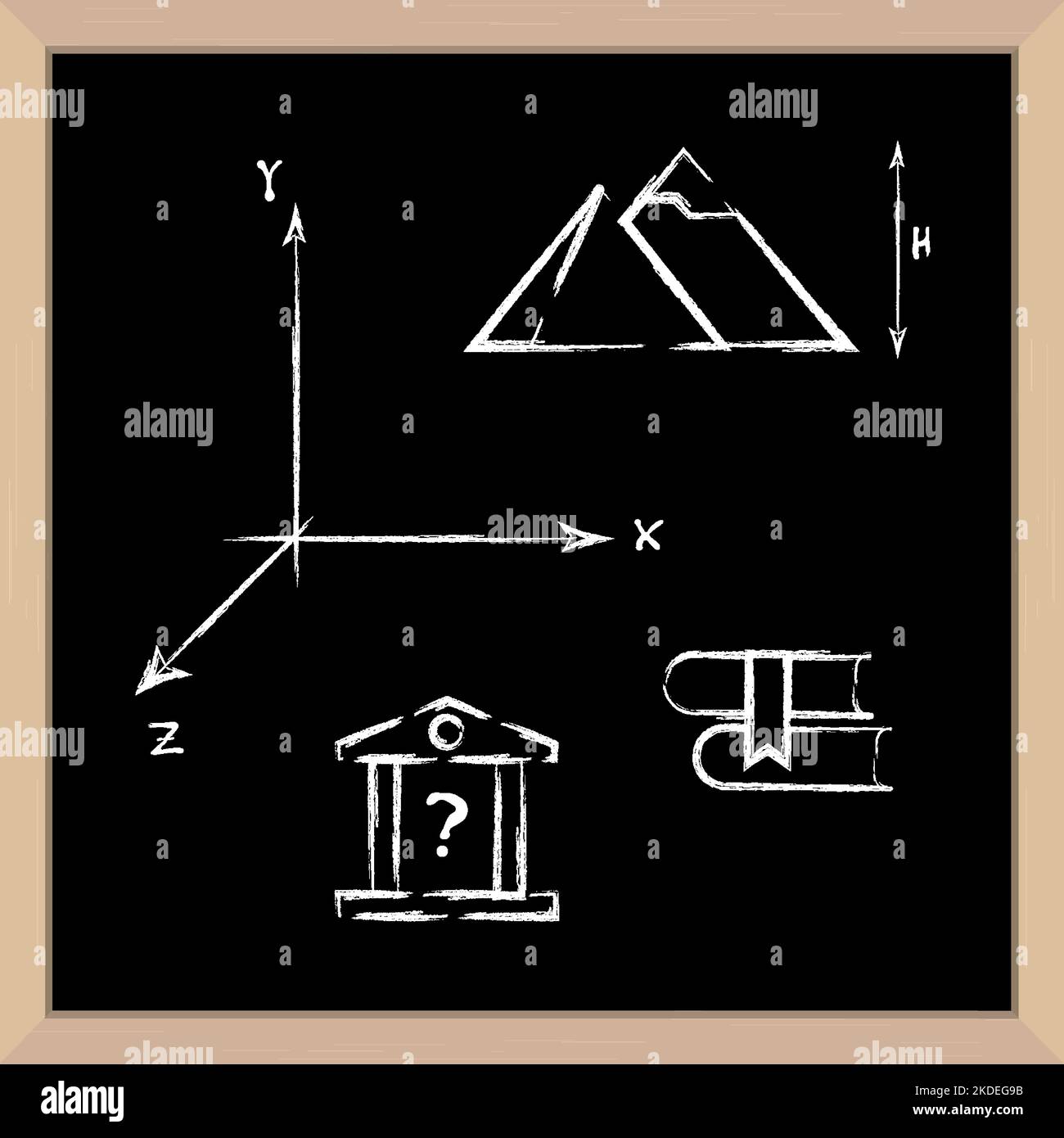Coordinate axes, Egyptian pyramids, architecture, books. Icon set hand ...