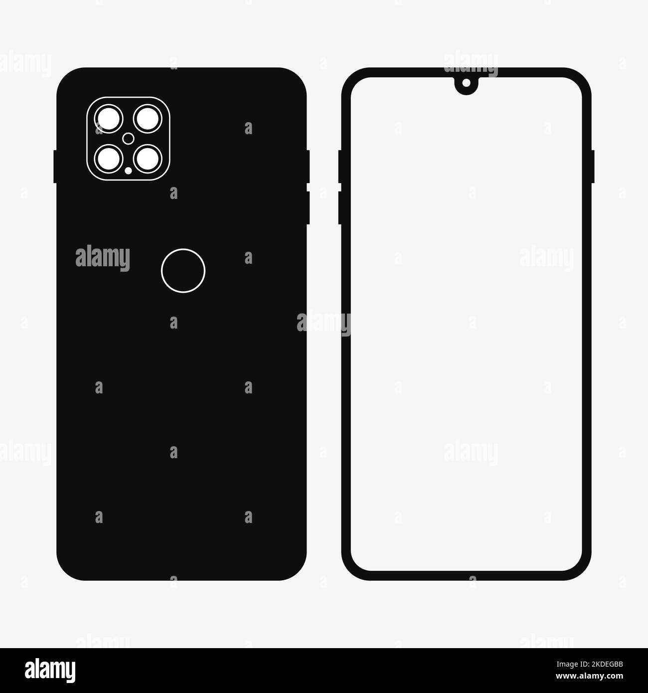 Modern smartphone with notch and quad cameras, blank white display ...
