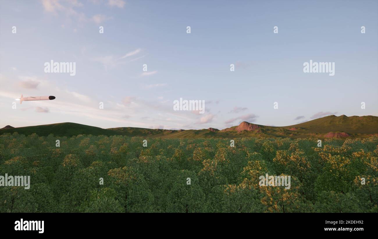 Missiles above forest defense army war Ukraine sky weapon 3d render ...