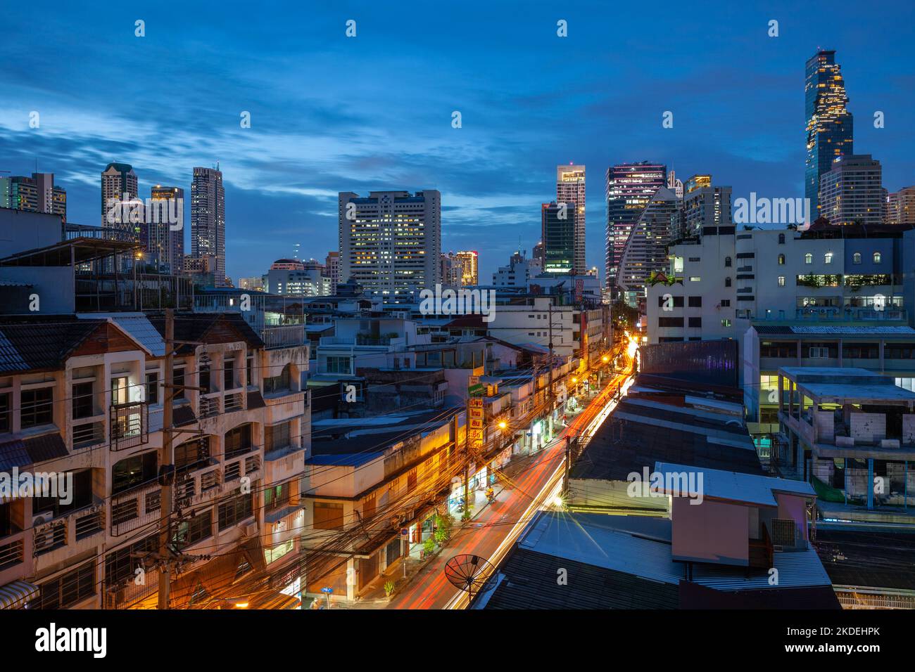 Night view of the street in Sathon District, with King Power Mahanakhon ...