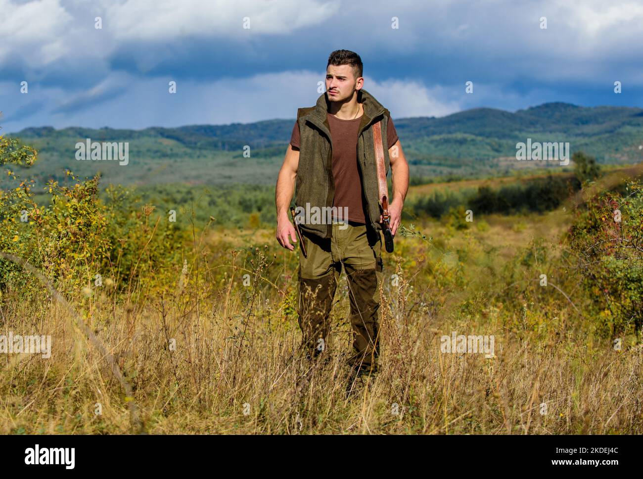 Guy bearded hunter spend leisure hunting on birds. Hunting hobby ...