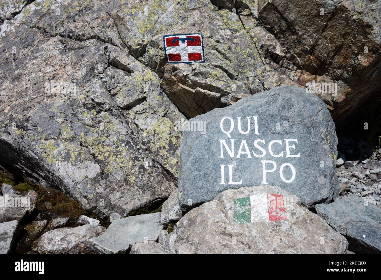 Paesana-Italy-June 2022. "Here the river Po is born". Symbol place of ...