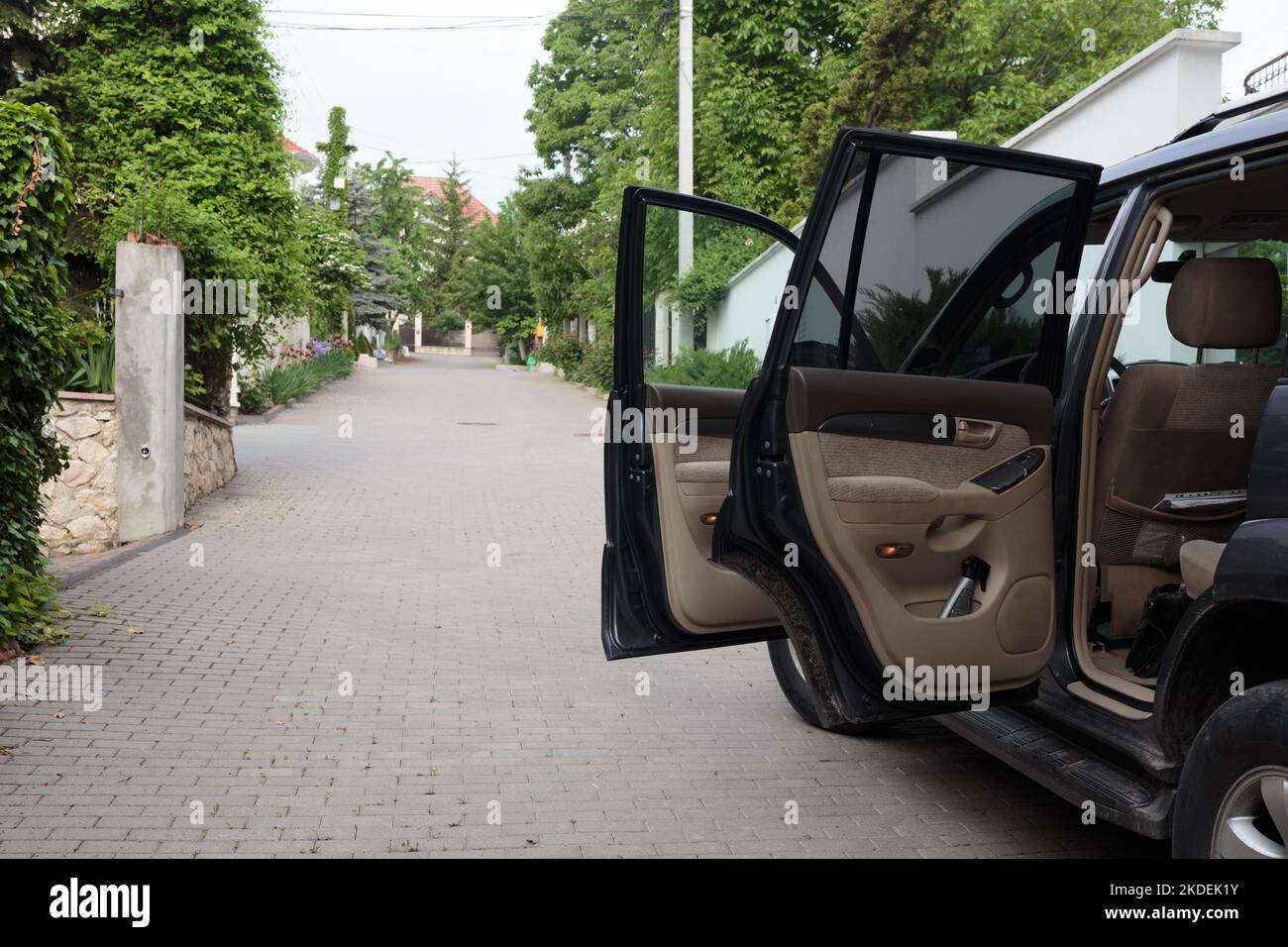 A picturesque alley in a modern suburb. The roadway is paved with ...