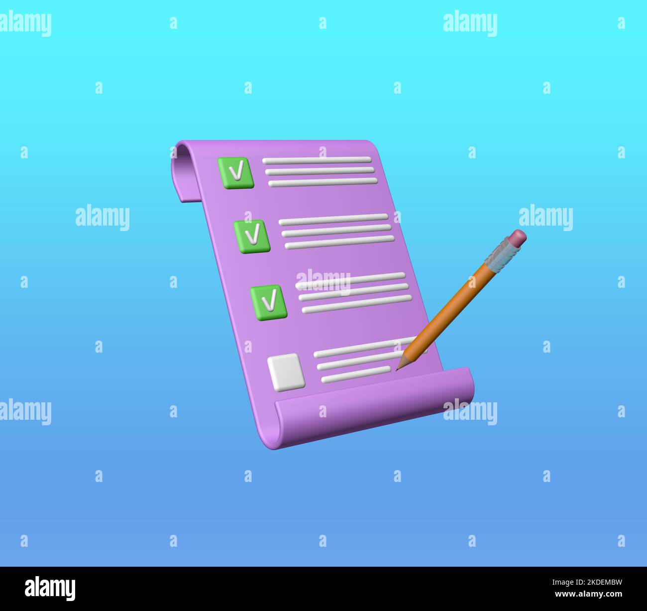 3D clipboard and pencil on blue background, notepad icon. 3d render ...