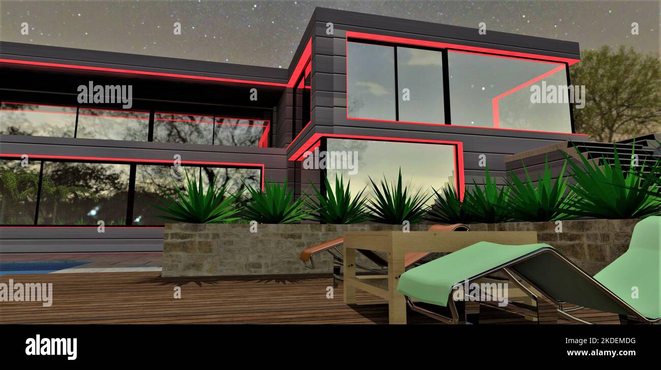 Comfortable sun loungers on a terrace board in a recreation area in ...