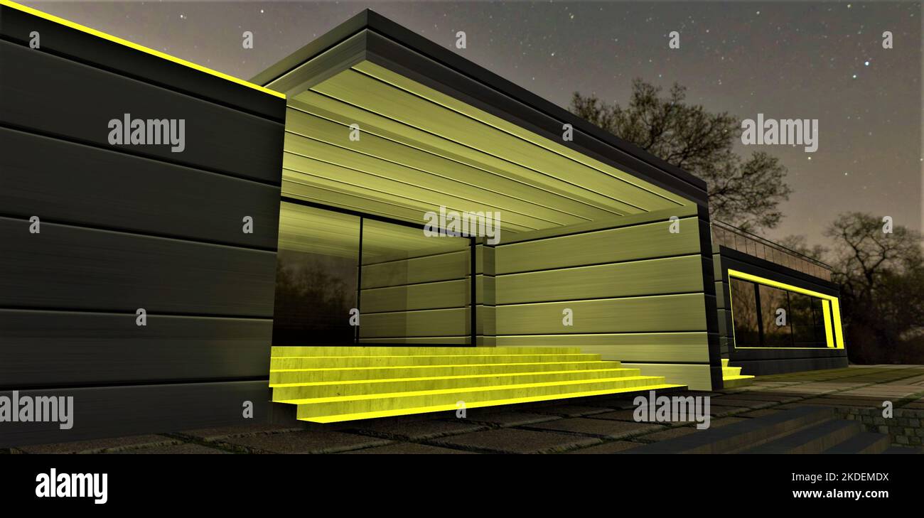 Yellow colour illumination of the concrete stairs on the porch of hte ...