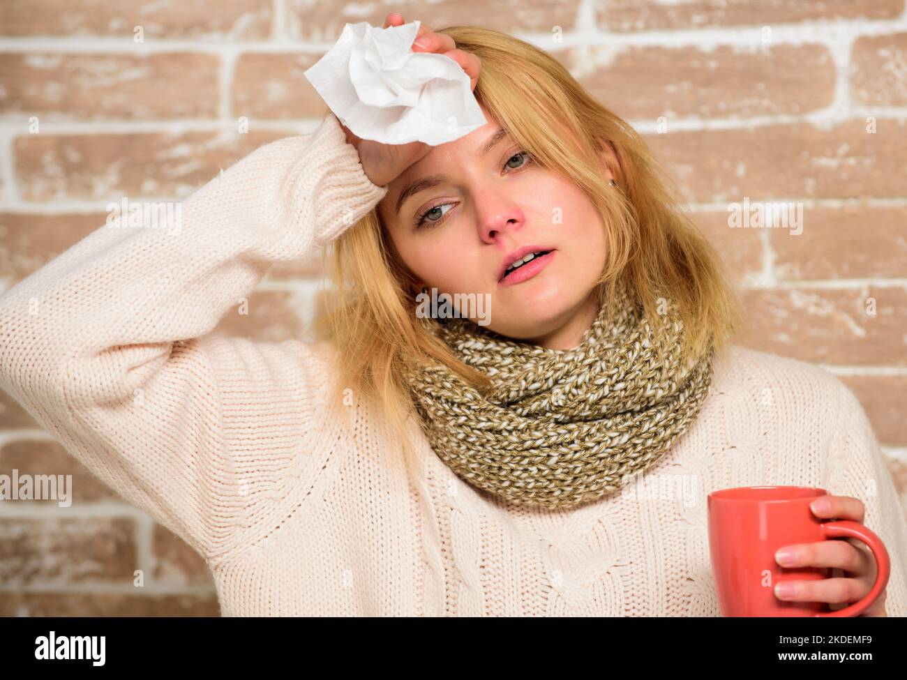 Tips how to get rid of cold. Woman feels badly ill sneezing. Girl in ...