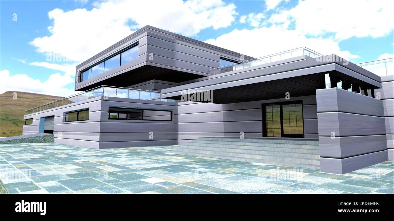 Stylish design of the porch of an elite eco-friendly cottage. A ...