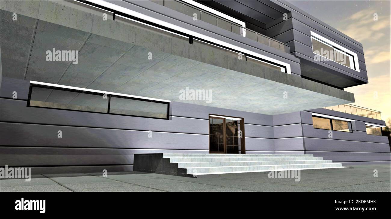 Stylish porch of the contemporary suburban house illuminated with white ...