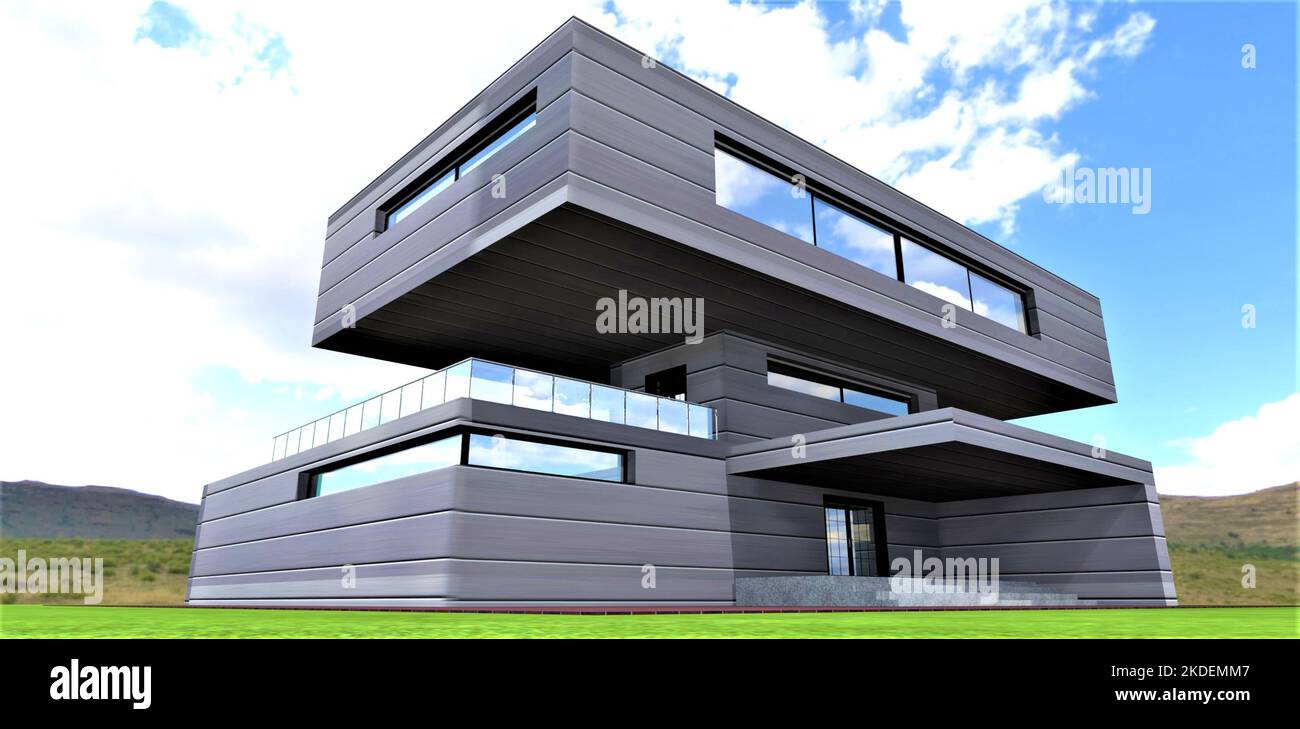 Futuristic house with stylish porch finished with horizontal aluminium ...