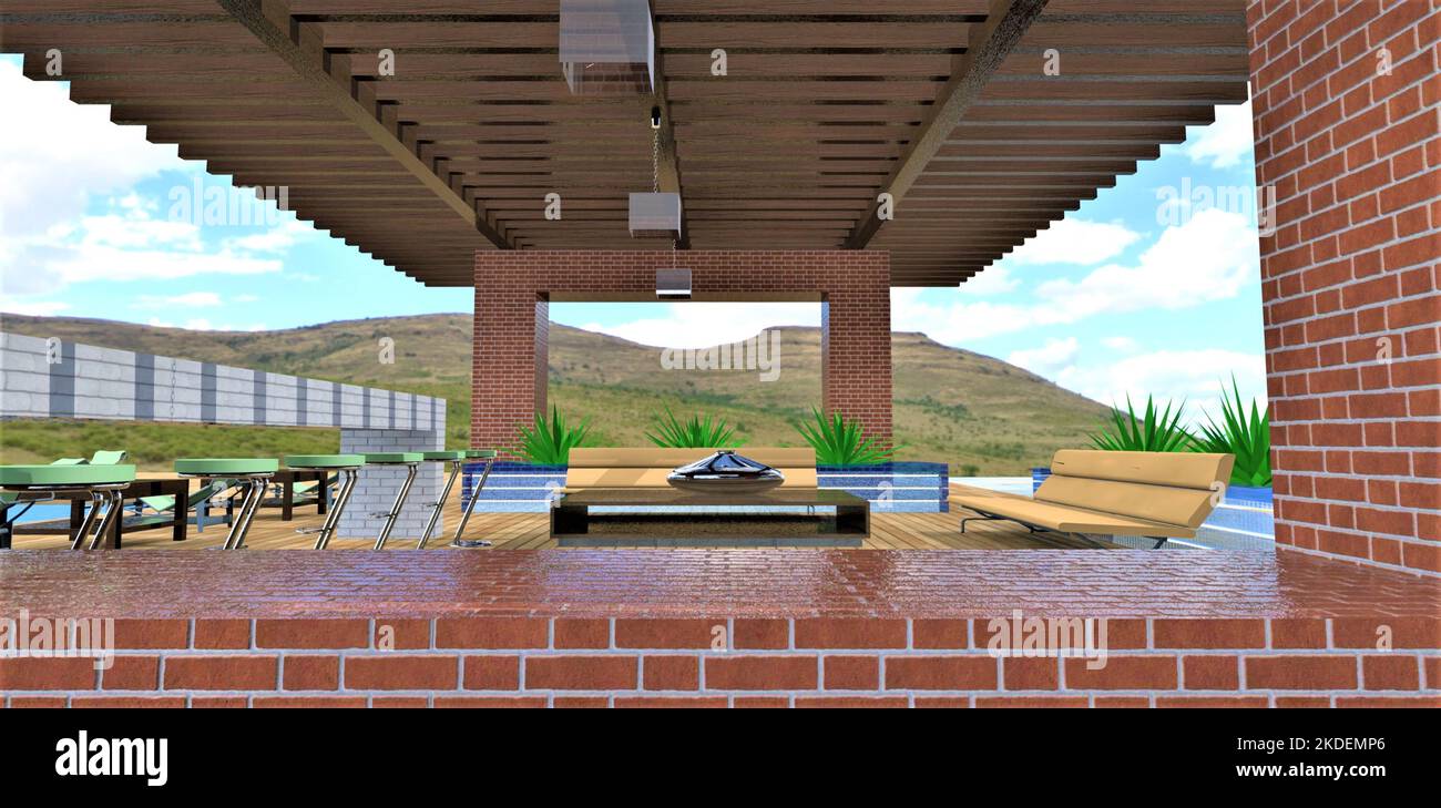 A look inside the comfortable outdoor patio. Red brick pillars. Bar ...