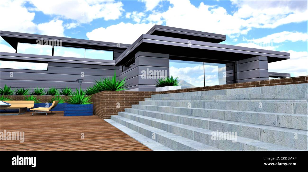 A monolithic concrete staircase from a wooden flooring up to a high ...