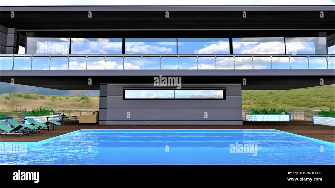 The flat surface of the blue pool on the roof terrace of an exclusive ...